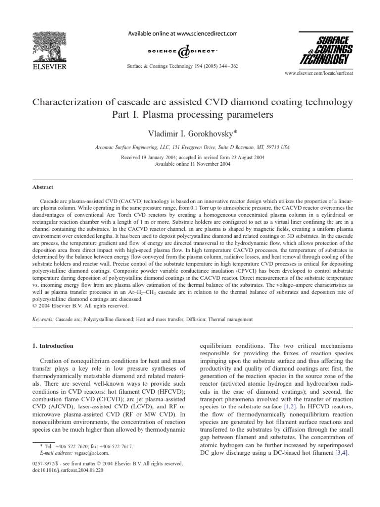 Characterization of Cascade Arc Assisted CVD Diamond Coating Technology Part I Plasma Processing ...