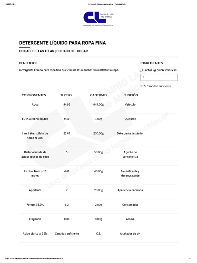 Detergente Líquido para Ropa Fina - Formulas LAR | PDF | Detergente ...