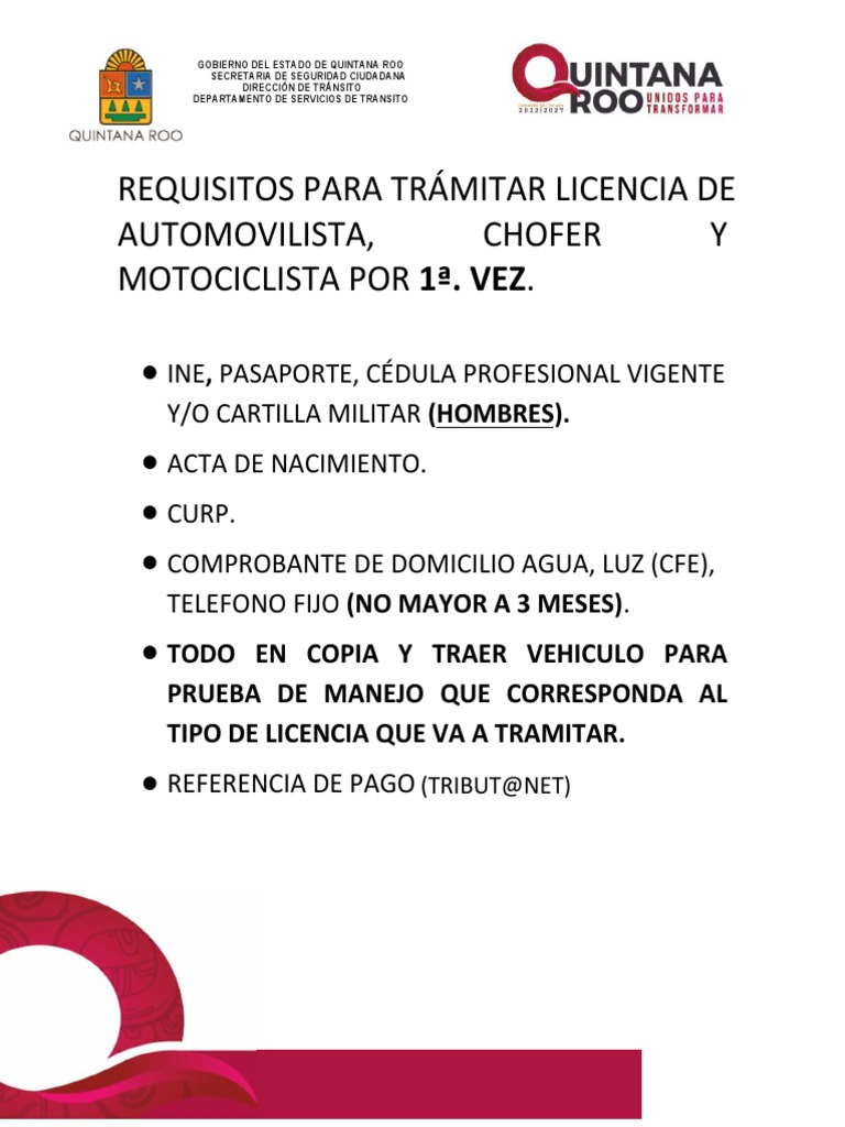 Requisitos para Trámitar Licencia de Automovilista, Chofer Y Motociclista Por 1 . Vez. | PDF ...