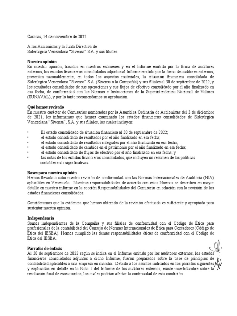 SIVENSA Carta Comisarios Consolidado | PDF | Negocios