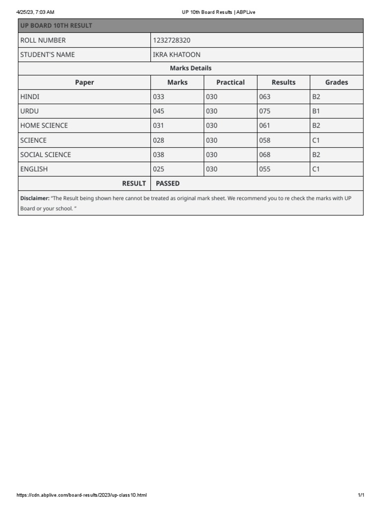 Roll Number 1232728320 Student'S Name Ikra Khatoon: Up Board 10Th ...