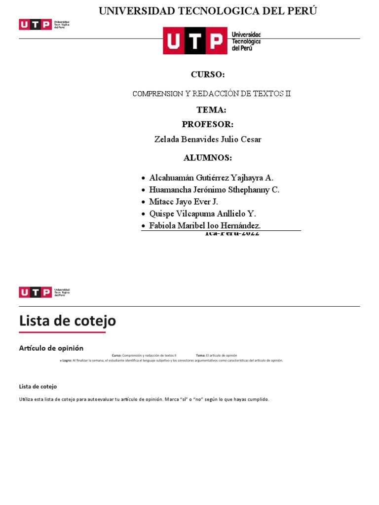 Semana 6 - Lista de Cotejo para Artículo de Opinión | PDF