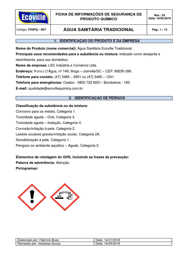 FISPQ Água Sanitária Tradicional | PDF | Águas residuais | Embalagem e rotulagem