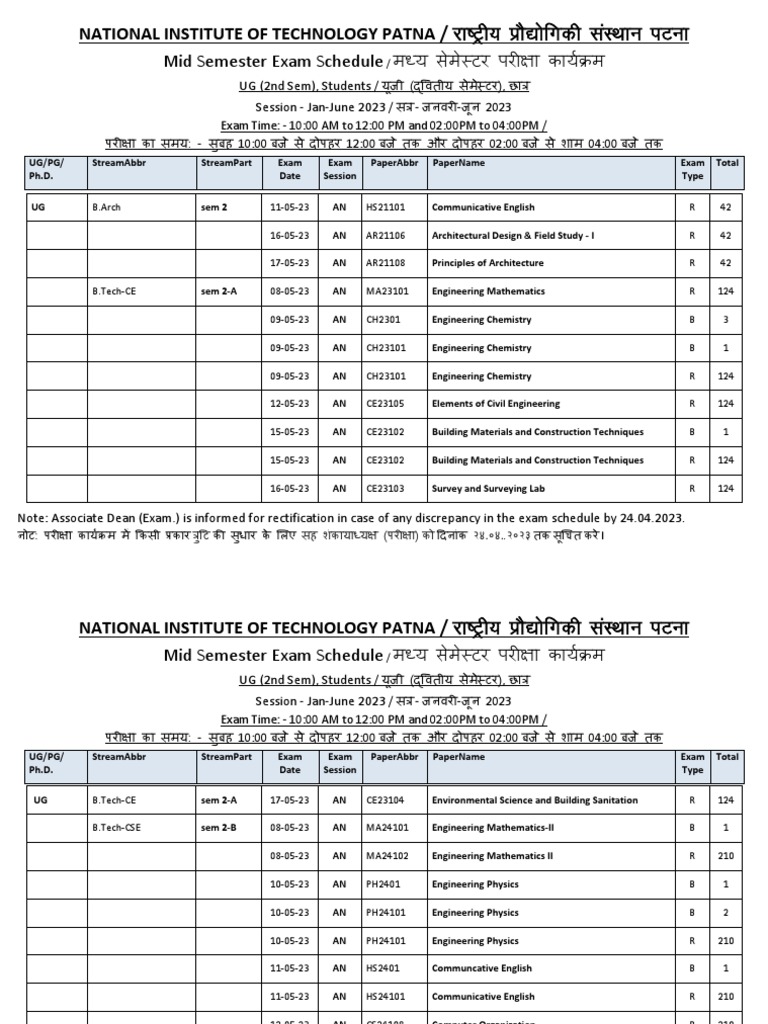 Mid Semester Exam Schedule 2023 | PDF | Engineering | Equations