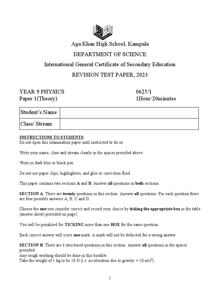 Phy Test Paper 2023 Final | PDF | Force | Weight