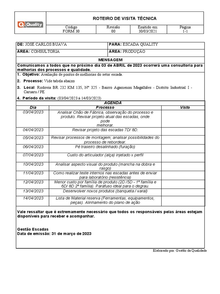 FORM.30 - Roteiro de Visita Técnica - Rev00 | PDF