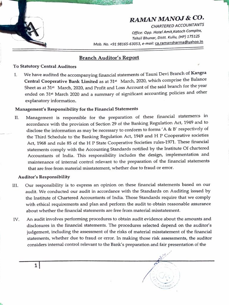 Branch Auditor's Report: Raman Manoj& Co | PDF | Audit | Expense