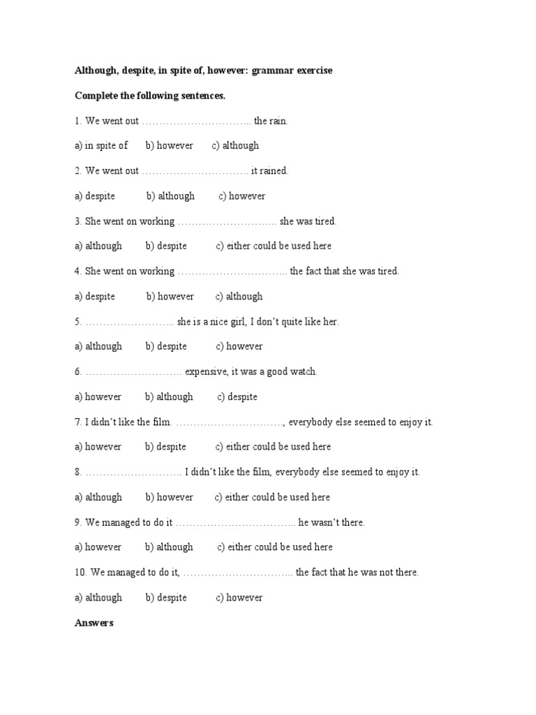 Although, Despite, in Spite Of, However | PDF