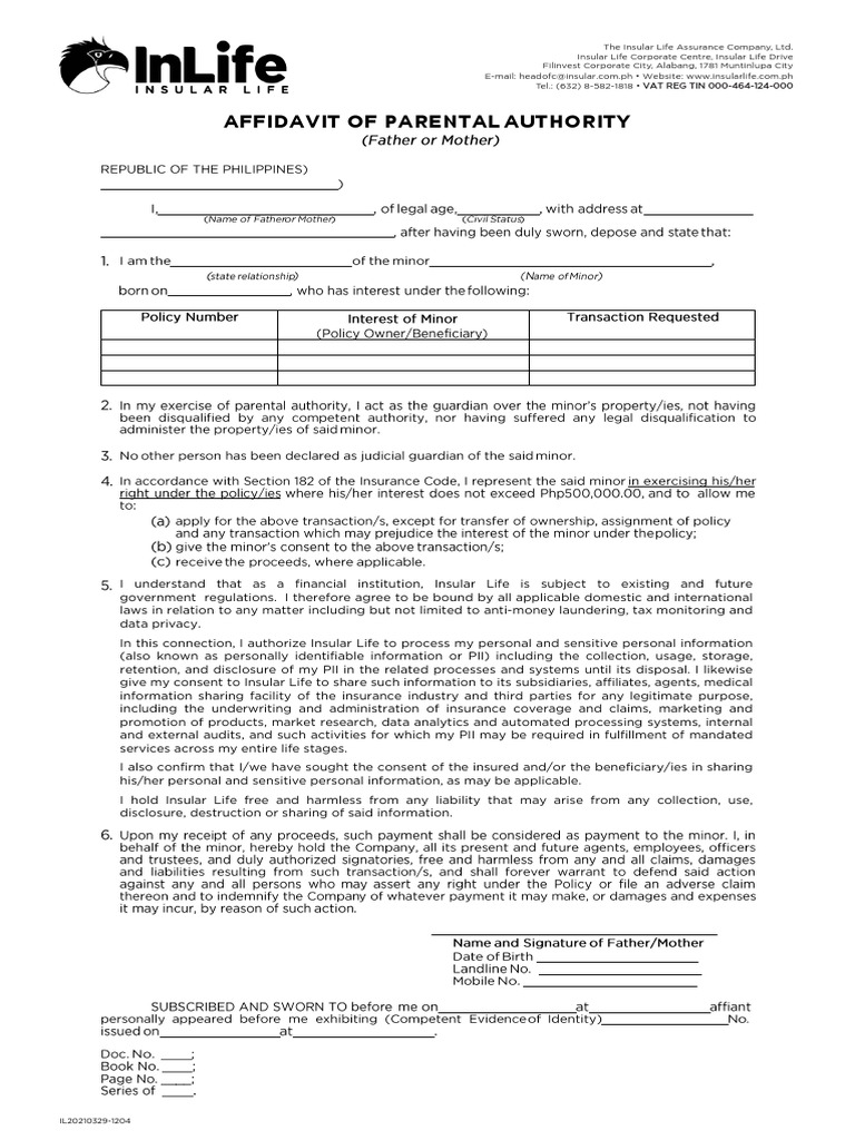 Parental Authority Affidavit Template | PDF