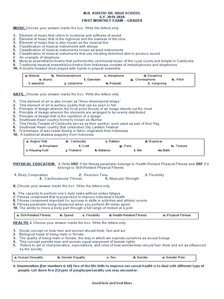 1st Monthly Test Grade8 | PDF | Physical Fitness | Musical Instruments