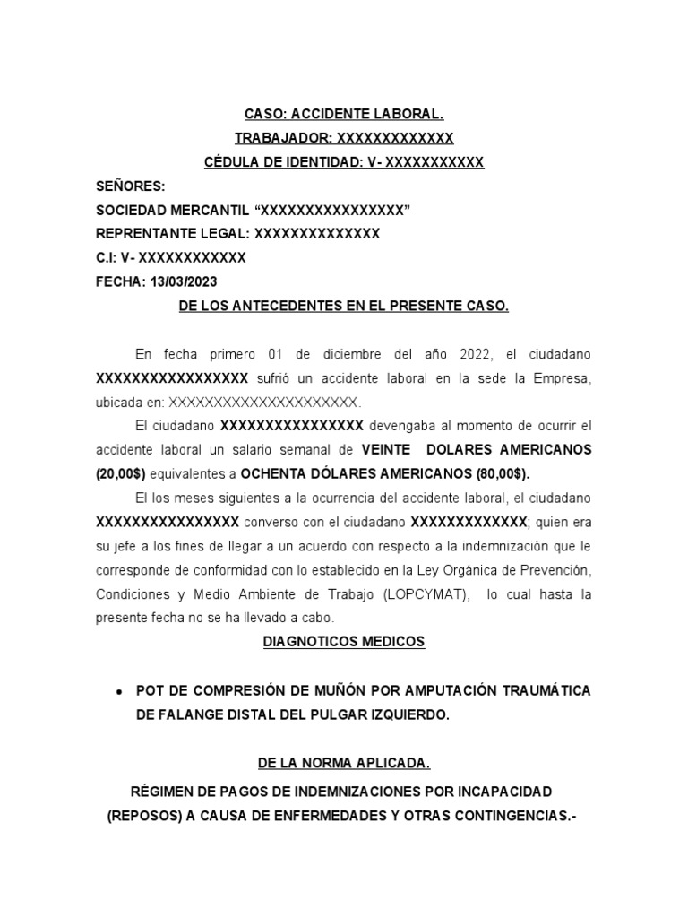 Informe Inpsasel Caso Accidente Laboral | PDF | Salario | Daños y ...