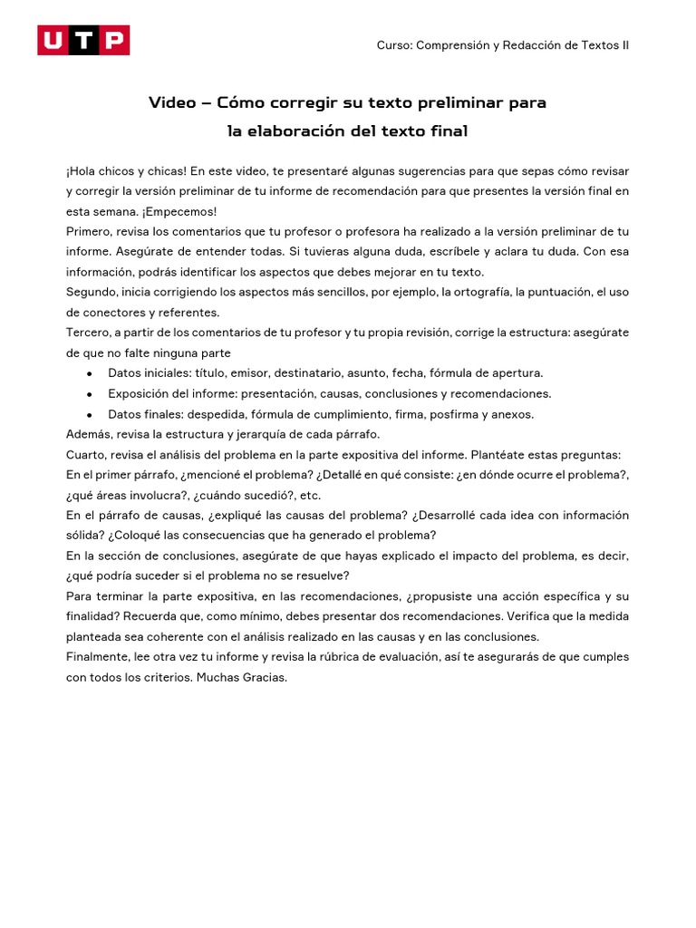 Video - Cómo Corregir Su Texto Preliminar para La Elaboración Del Texto ...