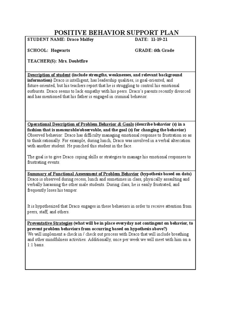 Positive Behavior Plan | PDF | Teachers | Reinforcement