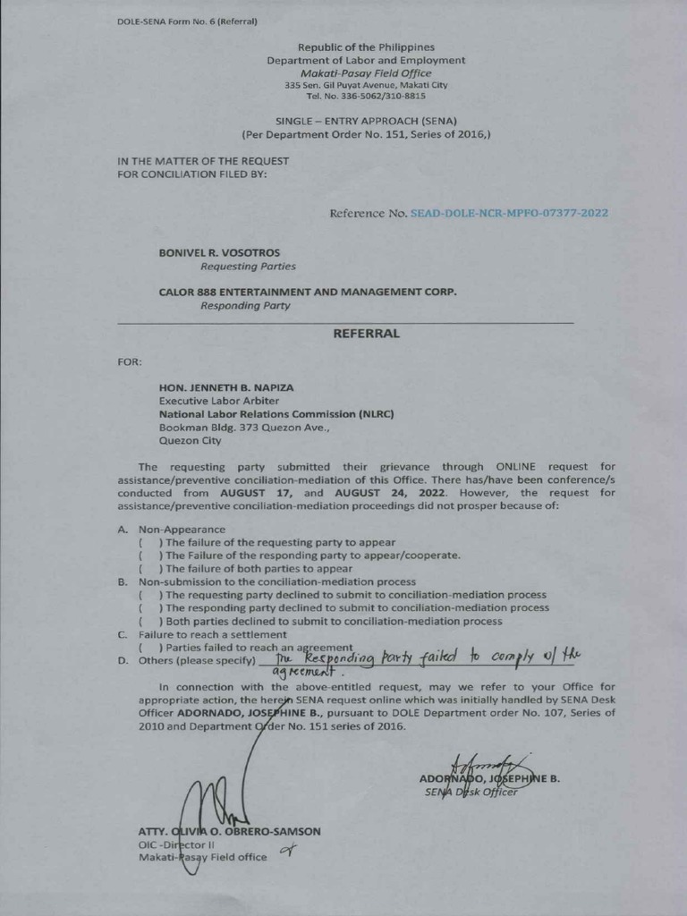 Dole-Nlrc Referral | PDF