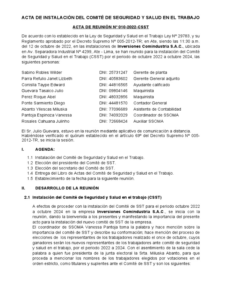 Acta Instalación Del Comite SST 2022 | PDF | Business | Gobierno