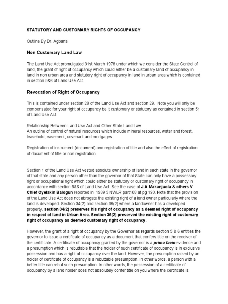 STATUTORY AND CUSTOMARY RIGHTS OF OCCUPANCY | PDF | Covenant (Law) | Deed
