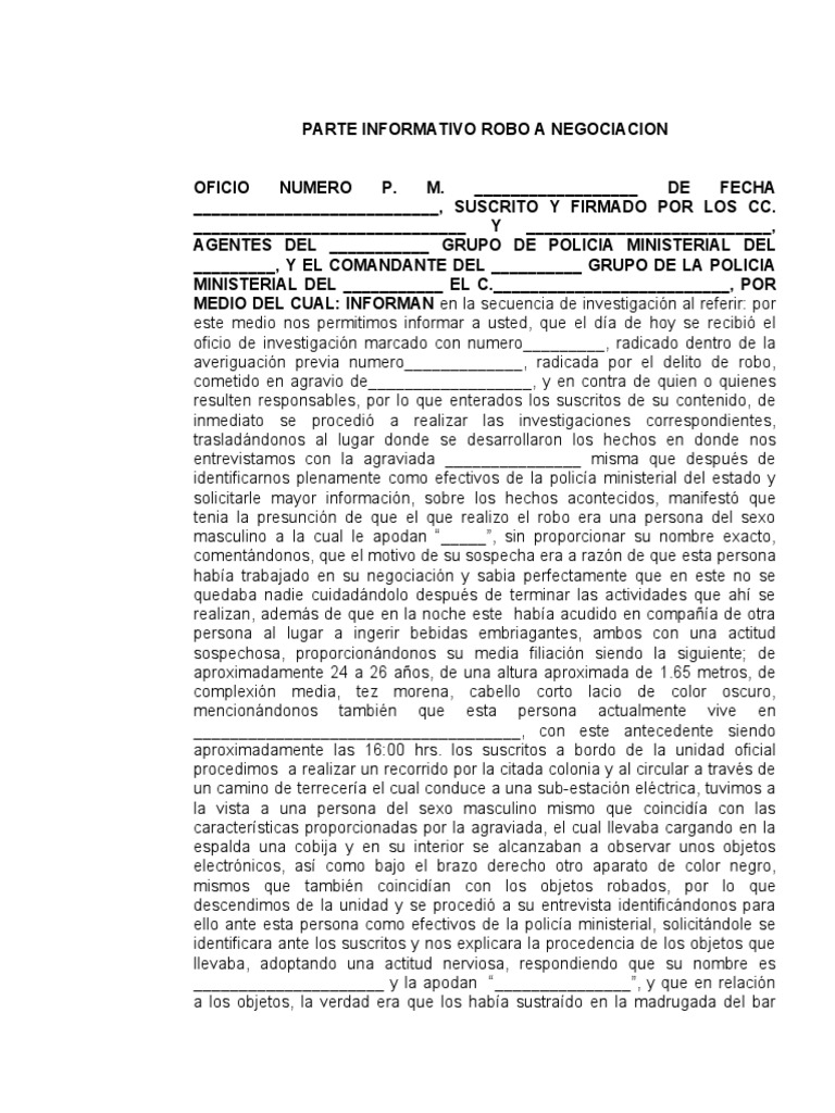 Parte Informativo de Robo A Negocio | PDF