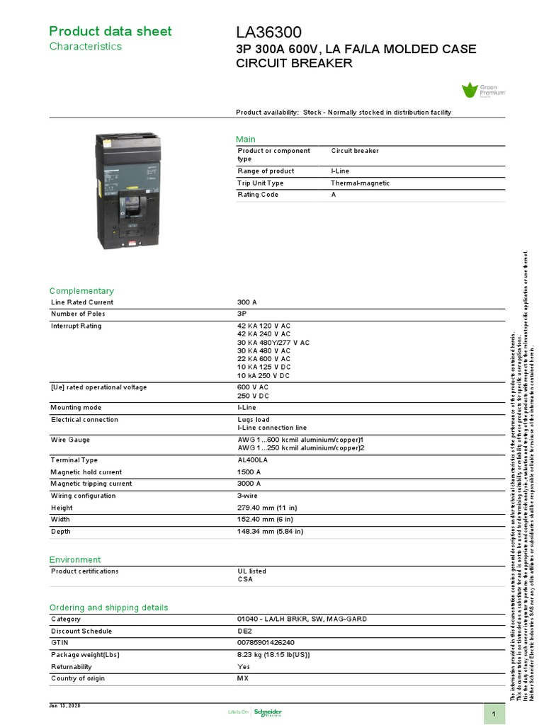 Product Data Sheet: 3P 300A 600V, La Fa/La Molded Case Circuit Breaker | PDF | Electrical ...