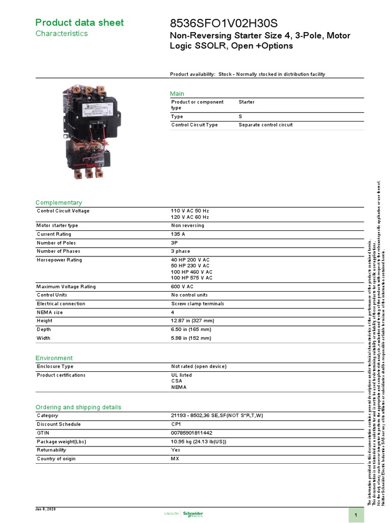 Product Data Sheet for a Non-Reversing Starter Size 4, 3-Pole, Motor ...