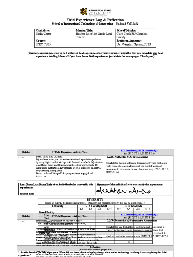 Field Experience Log Shelly Carter Itec 7305 | PDF | Teachers ...