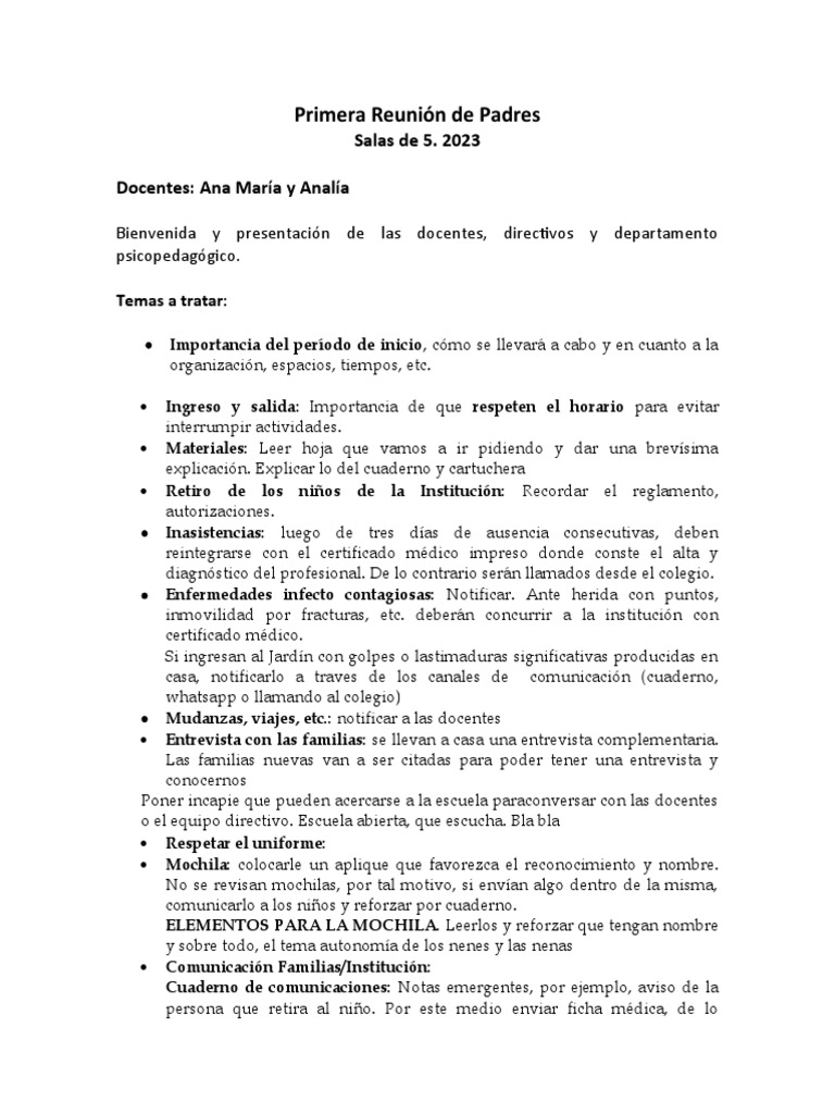 Primera Reunión de Padres | PDF