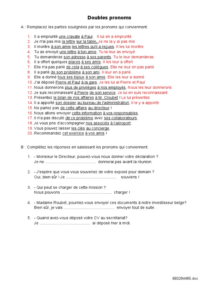 Exercices sur les doubles pronoms | PDF