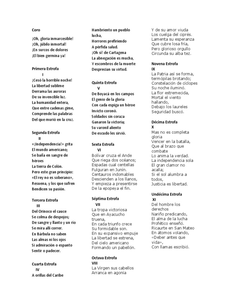 Himno Nacional De Colombia Y Sus Simbolos Patrios Pdf