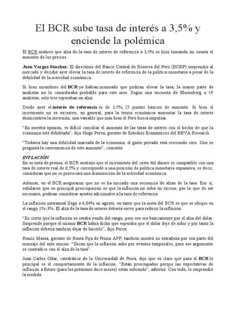 El BCR Sube Tasa de Interés A 3 | PDF | Inflación | La política monetaria