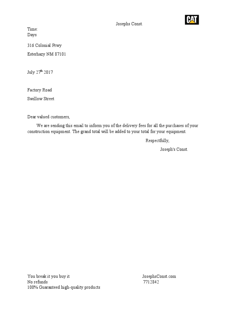 Delivery Fee Letter | PDF