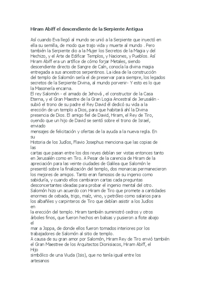 Hiram Abiff El Descendiente de La Serpiente Antigua | PDF | Masonería | Alma