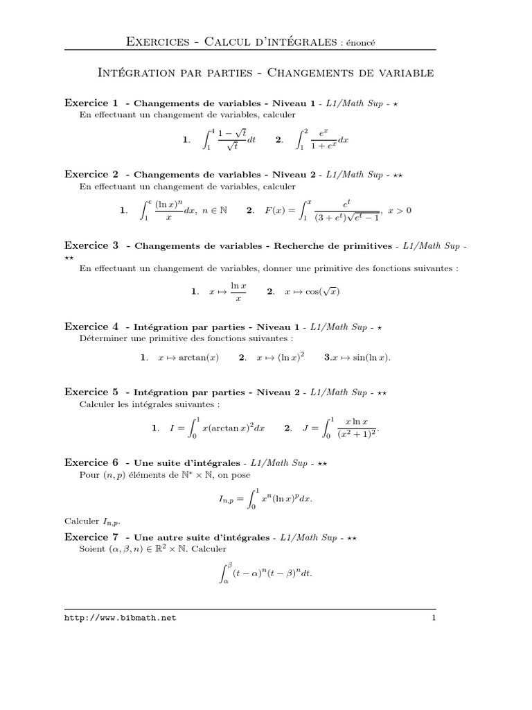 Exercices sur les Intégrales et Primitives | PDF | Mathématiques ...
