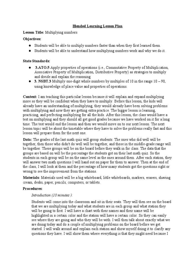 Blended Learning Lesson Plan 1 | PDF | Multiplication | Lesson Plan