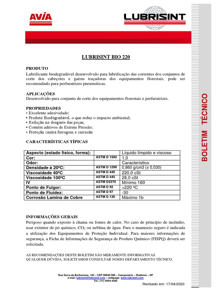 Lubrificante Biodegradável BIO 220 | PDF
