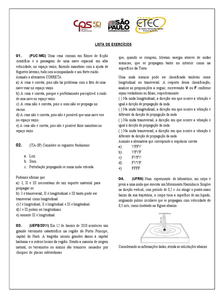 Lista de exercícios sobre ondas e fenômenos ondulatórios | PDF | Ondas | Som