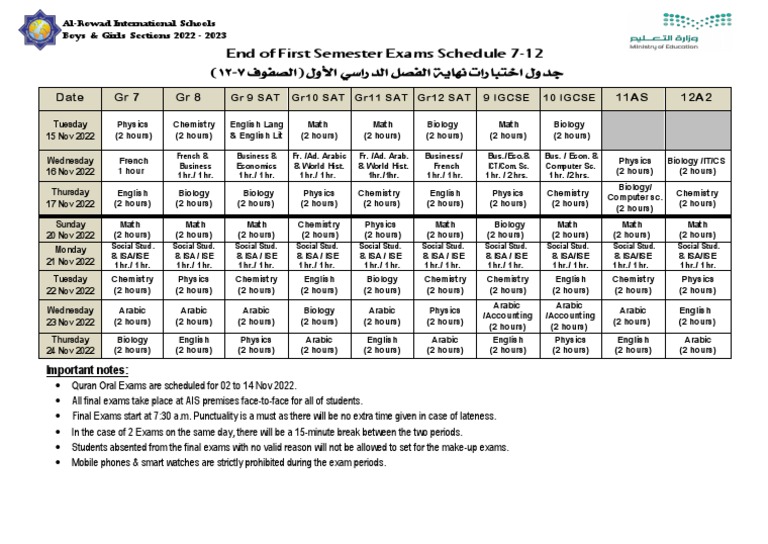 Al-Rowad International School Exam Schedule | PDF