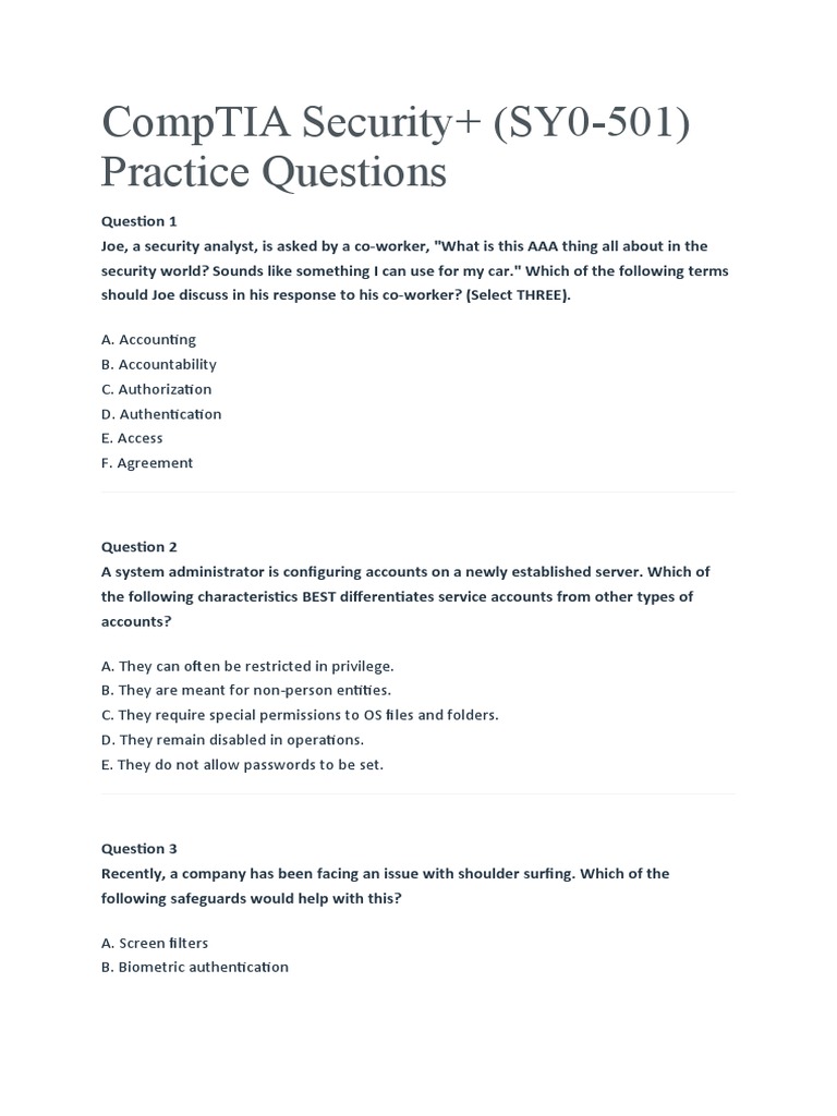 Comptia Security+ (Sy0-501) Practice Questions | PDF | Authentication | Security