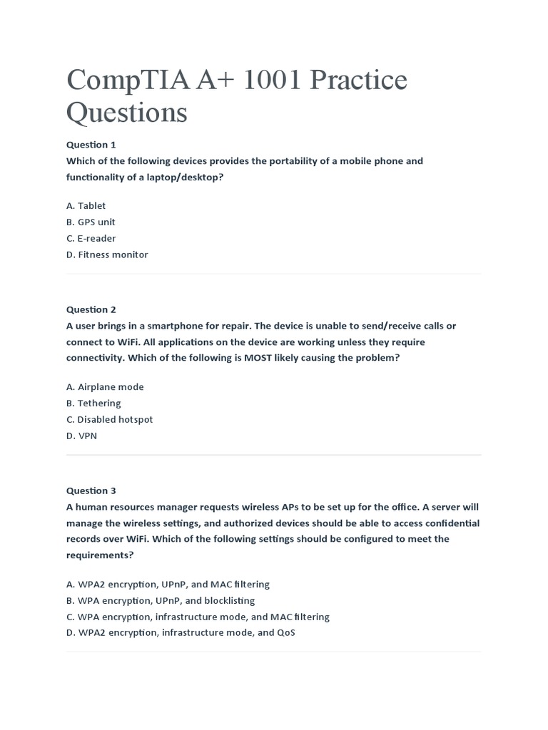 Comptia A+ 1001 Practice Questions | PDF | Laptop | Password