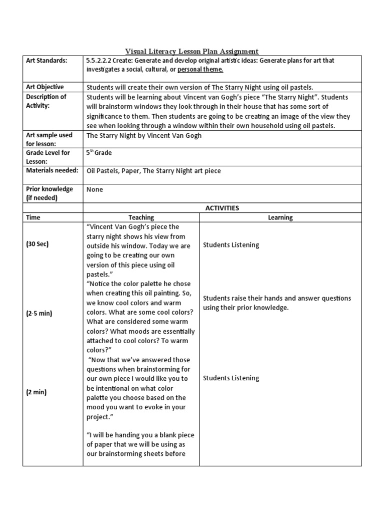 Visual Literacy Lesson Plan Assignment | PDF | Learning | Cognition