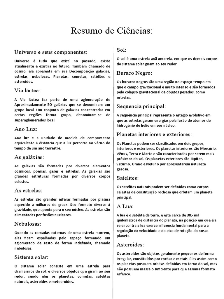 Resumo de Ciências | PDF | Estrelas | Planetas