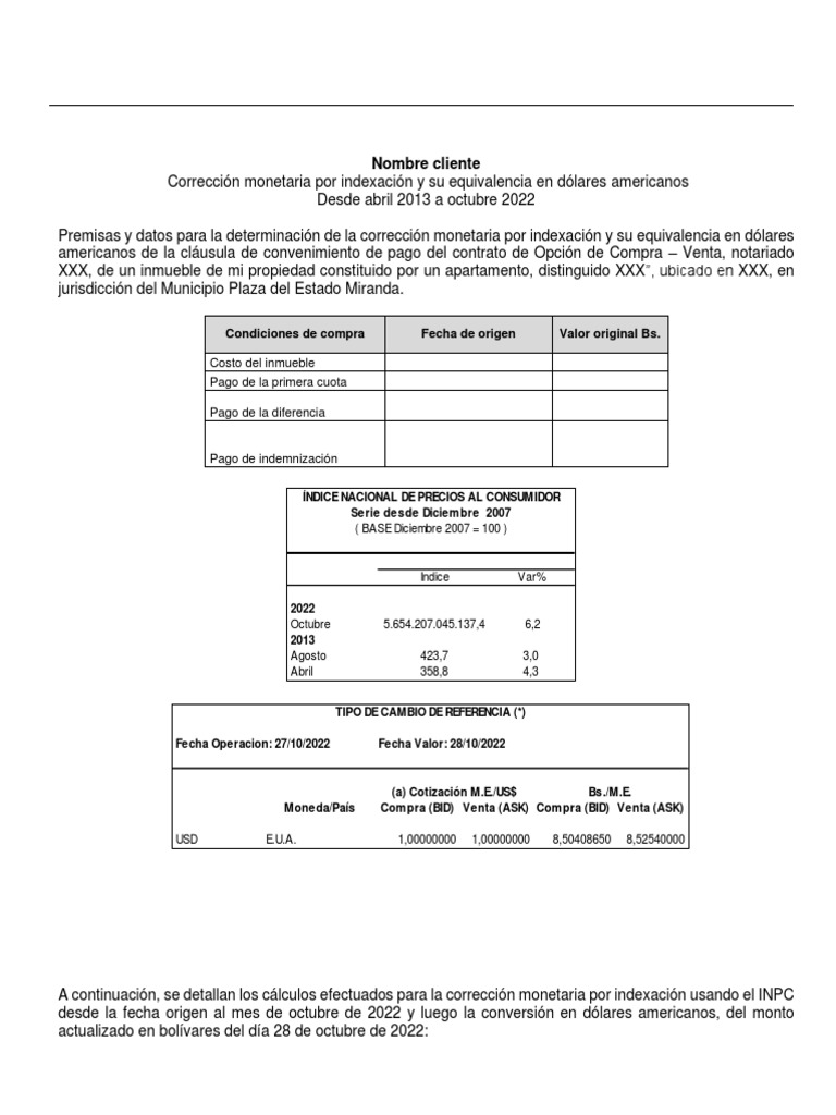 Modelo De Corrección Monetaria Del Valor Por Inpc Para Informe De