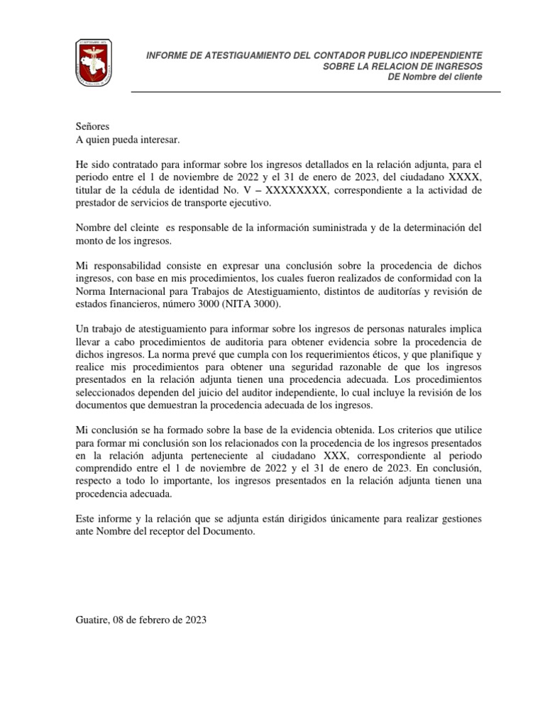 Modelo INFORME DE ATESTIGUAMIENTO DEL CONTADOR PUBLICO INDEPENDIENTE ...