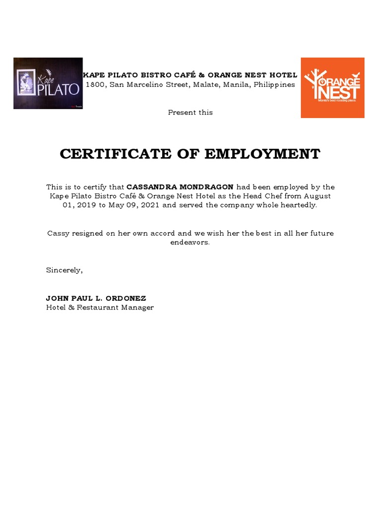 Certificate of Employment for Head Chef at Kape Pilato Bistro Café ...