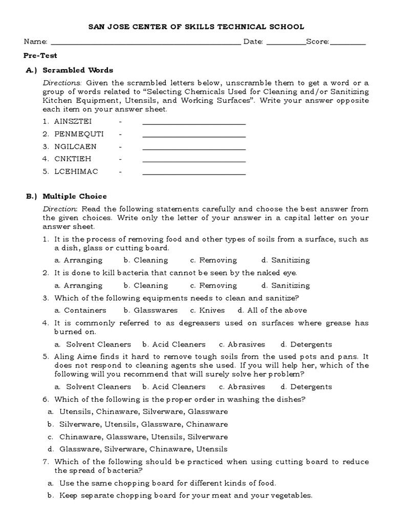 Post Test | PDF | Kitchen Utensil | Dishwasher