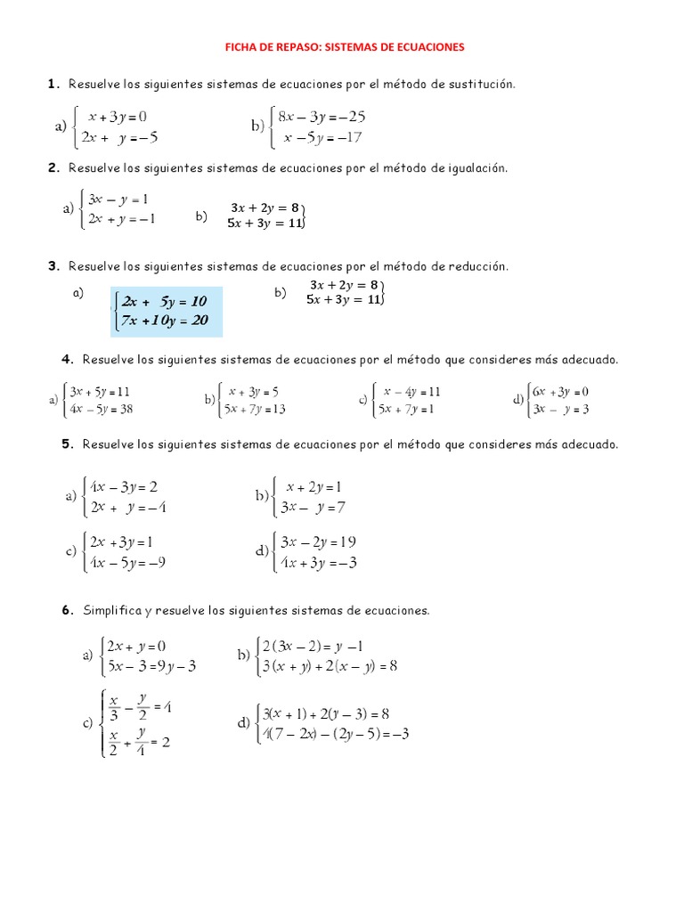 Ficha de Repaso: Sistemas de Ecuaciones 2º Eso | PDF