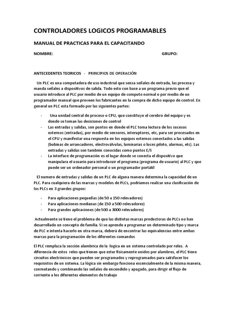 MANUAL DE PRACTICAS DE PLC Micro 1 | PDF | Controlador lógico programable | Poco