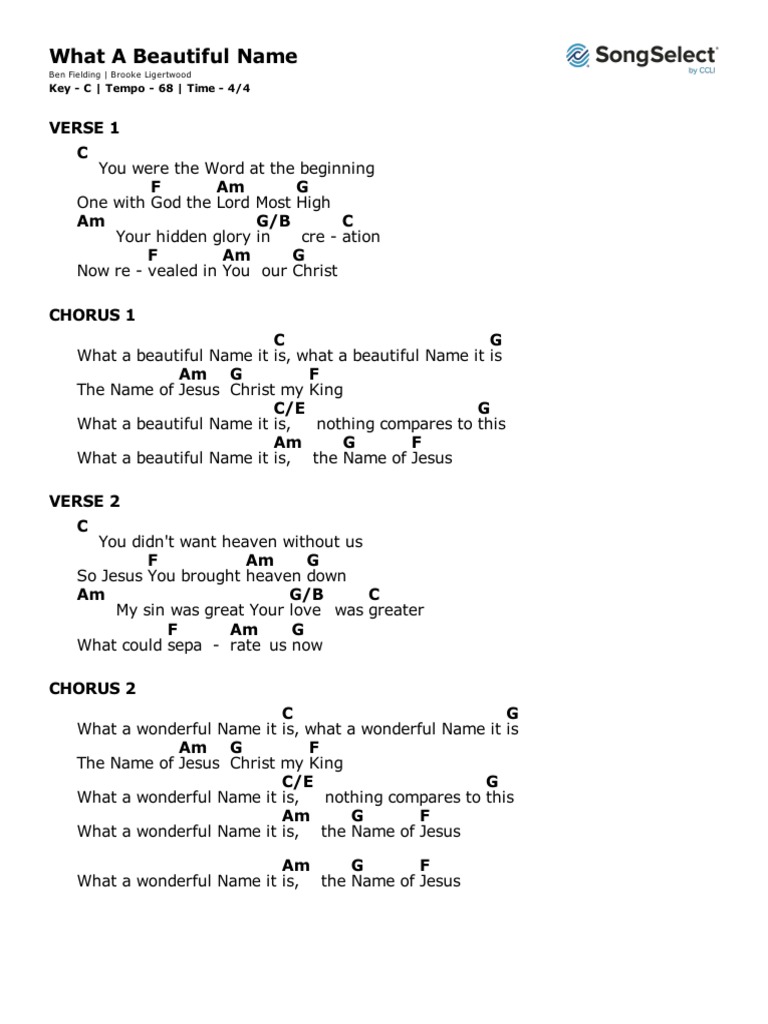 What A Beautiful Name - SongSelect Chart in C | PDF | Glory (Religion ...