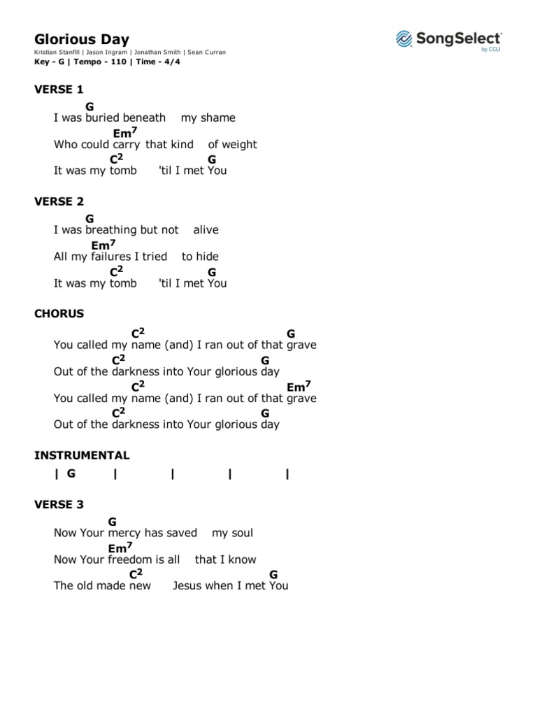 Glorious Day - SongSelect Chart in G | PDF