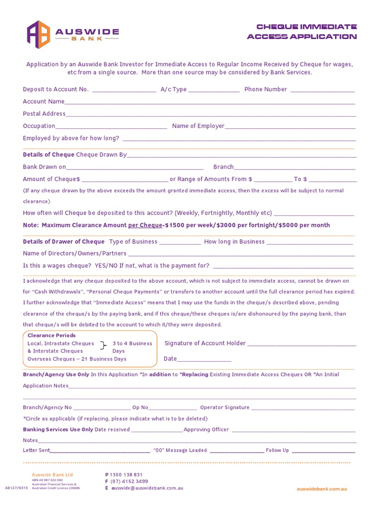 Cheque Immediate Access Application Form | PDF | Cheque | Banks