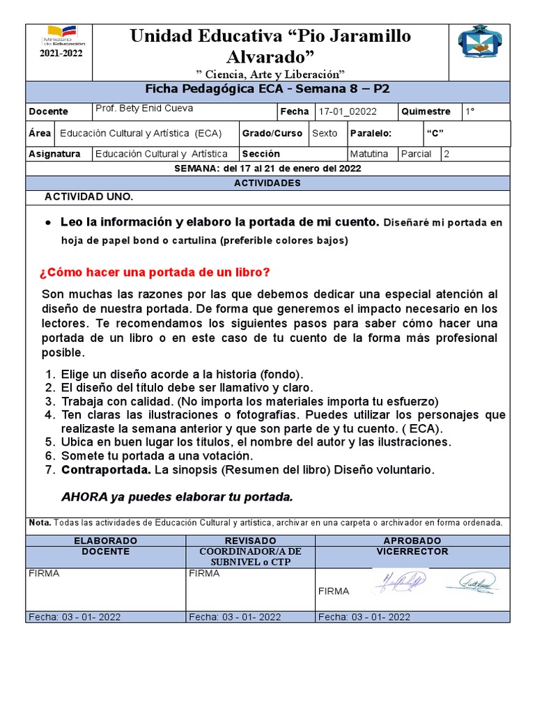Unidad Educativa "Pio Jaramillo Alvarado": Ficha Pedagógica ECA - Semana 8 - P2 | PDF
