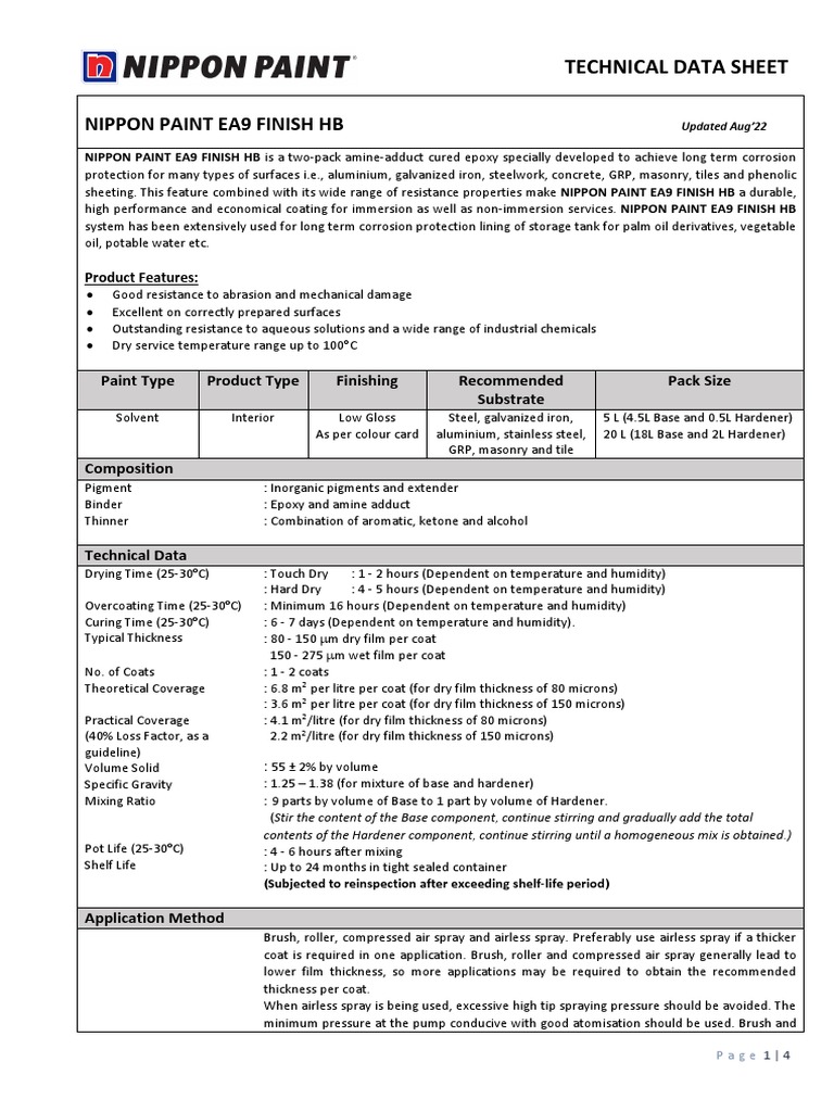 Nippon Paint Ea9 Finish HB: Technical Data Sheet | PDF | Paint | Concrete